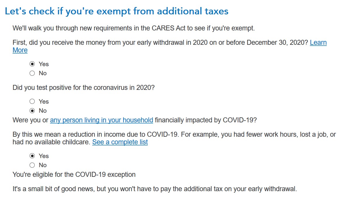 Covid Retirement Account Withdrawal in TurboTax and H&R Block