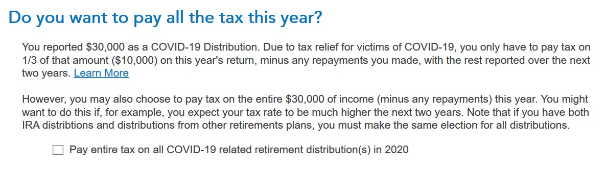 Covid Retirement Account Withdrawal in TurboTax and H&R Block